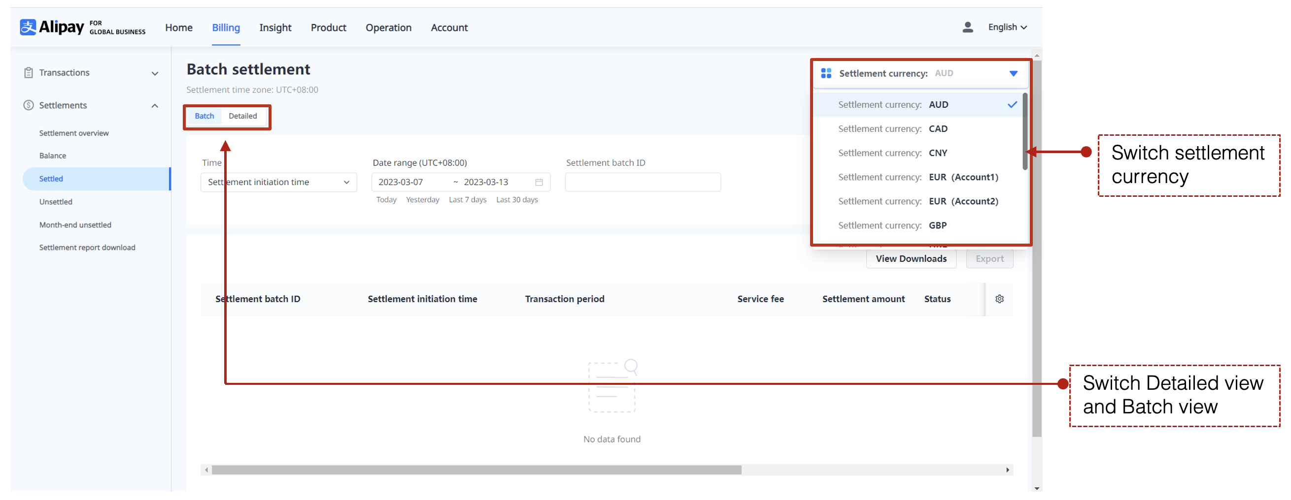 Settlement & Transactions | Merchant service | Alipay Docs