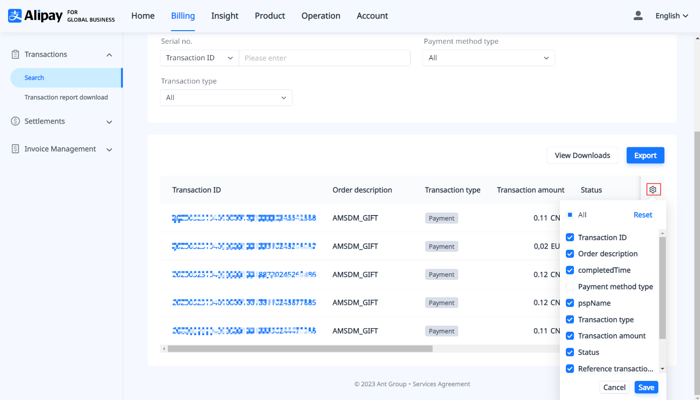 Transactions | Merchant service | Alipay Docs