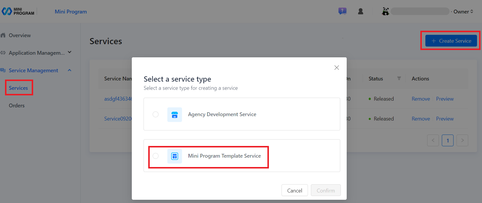 Create mini program template service | Platform User's Guide | Documentation
