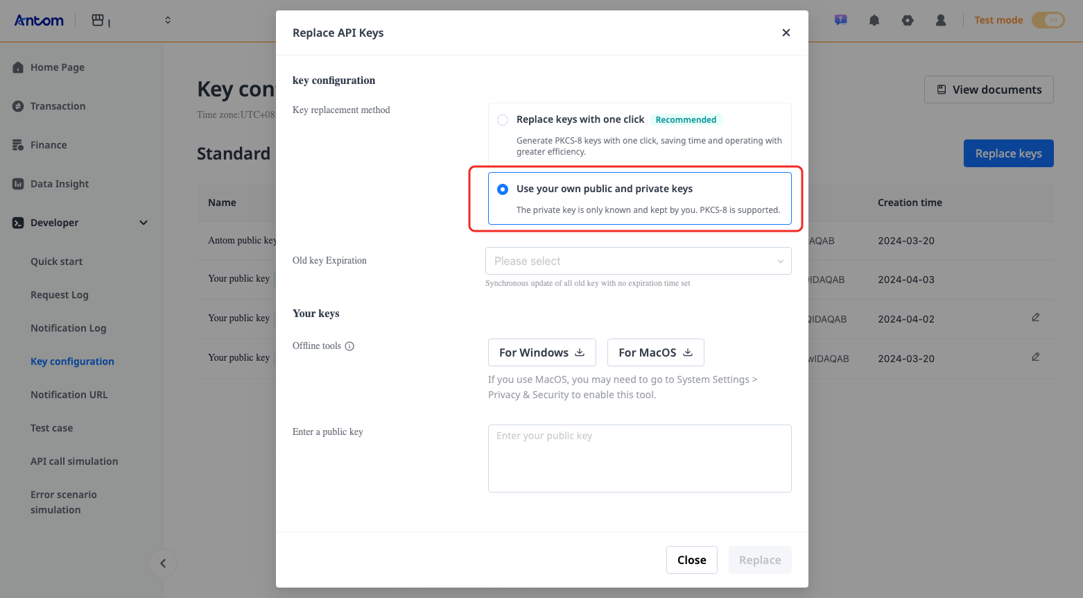 API key configuration | Merchant service | Antom Docs