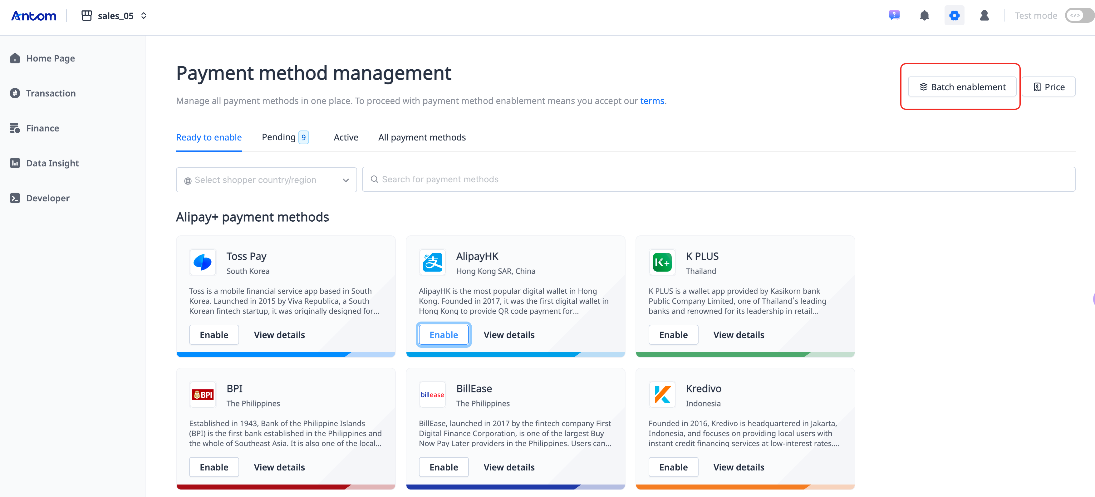 Enable payment methods | Merchant service | Antom Docs